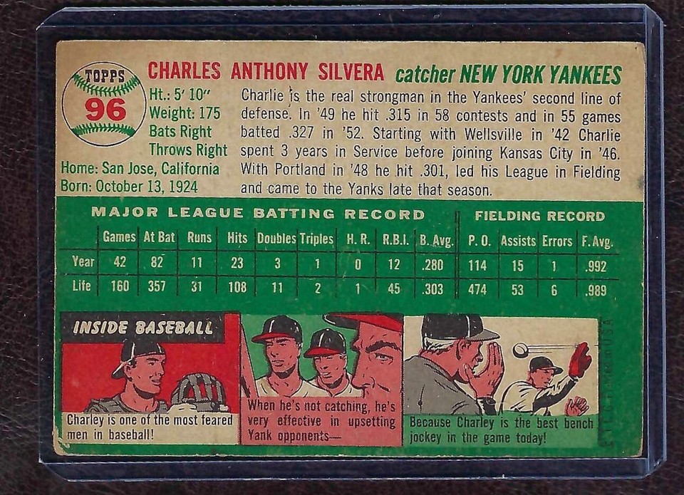 1954 Topps Baseball #96 Charlie Silvera, New York Yankees, VG-EX! | eBay