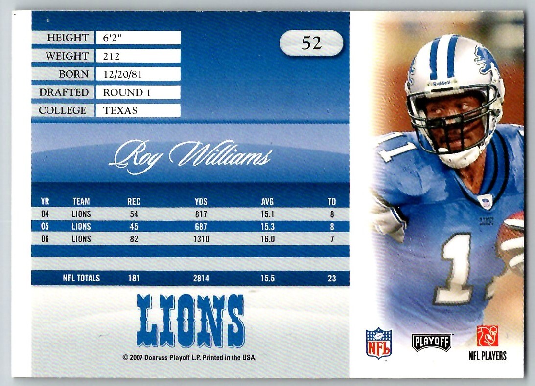 2007 PLAYOFF PRESTIGE ROY WILLIAMS DETROIT LIONS #52 | eBay