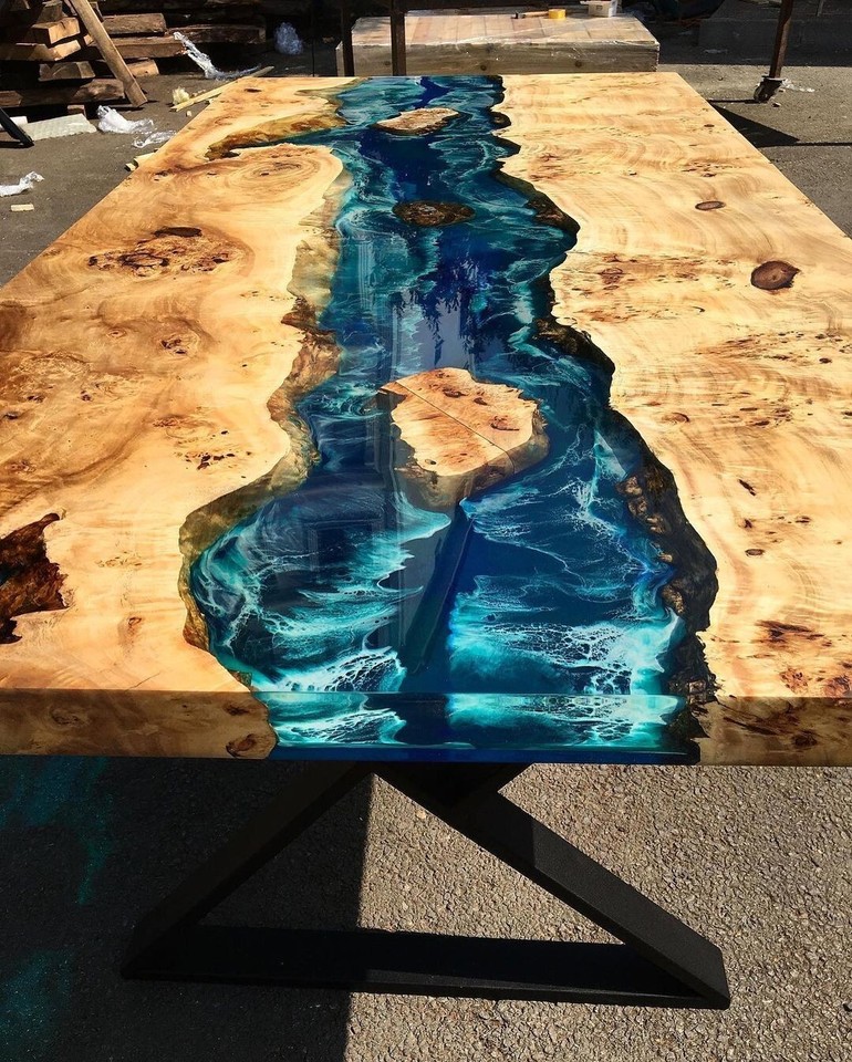 Ocean Blue Epoxy River Table ? Live Edge Walnut Wood Handmade | eBay