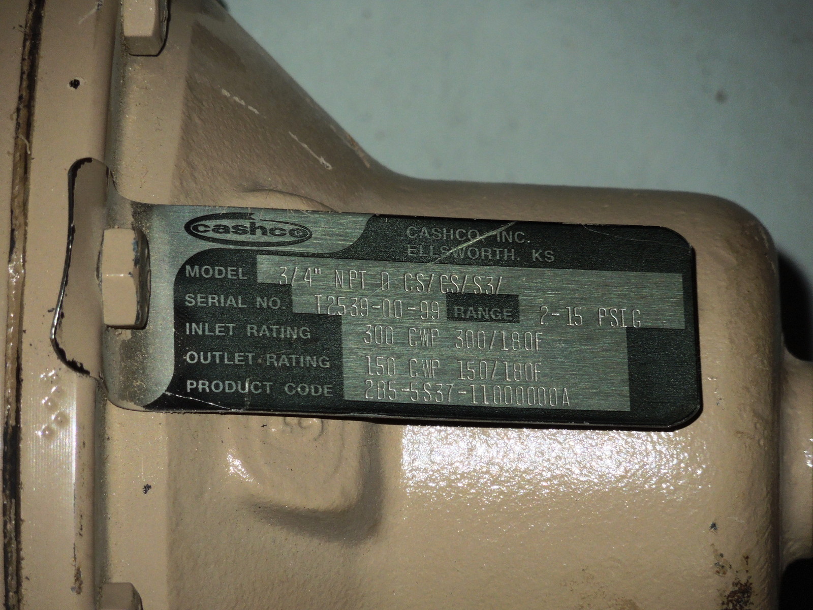 3/4" CASHCO MODEL 'D' CS/CS/S3/ PRESSURE REDUCING REGULATOR, RANGE 2-15 ...