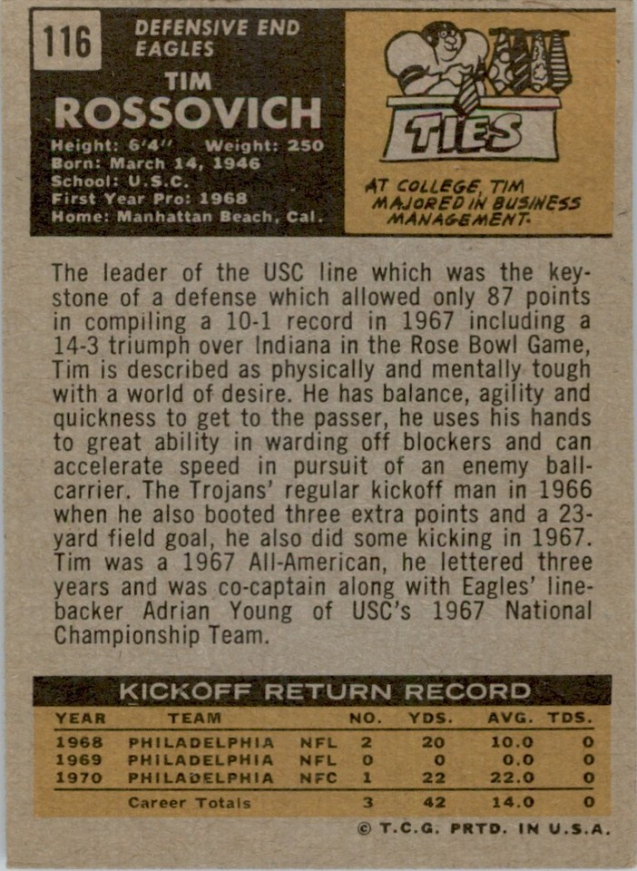 1971 Topps #116 Tim Rossovich Philadelphia Eagles | eBay