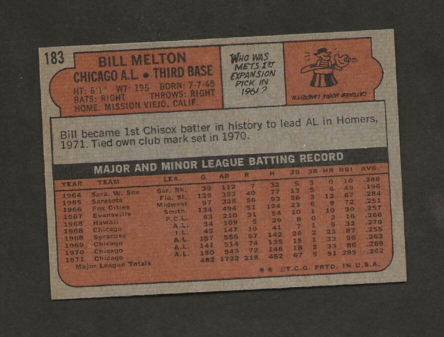 1972 TOPPS BASEBALL CARD # 183 BILL MELTON Chicago White Sox ex | eBay