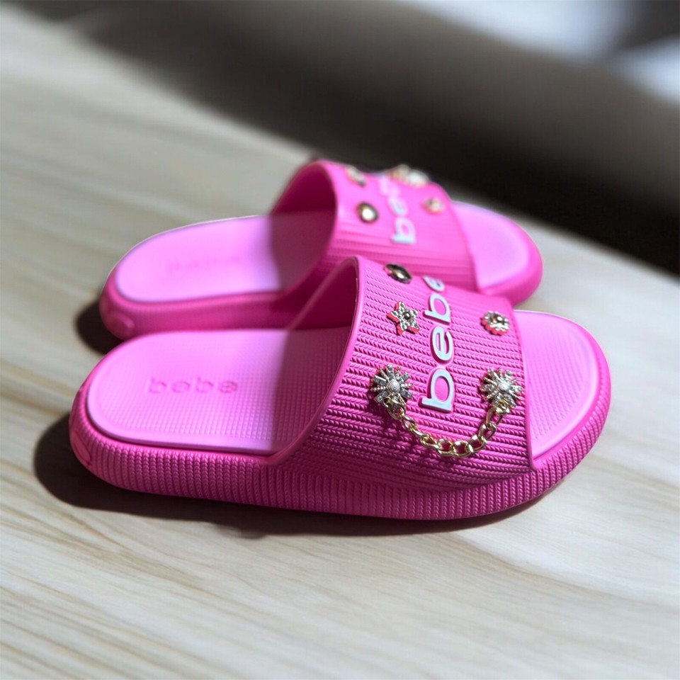 Bebe Women Pink Puff Slide Embellished with metallic gold-tone charms ...