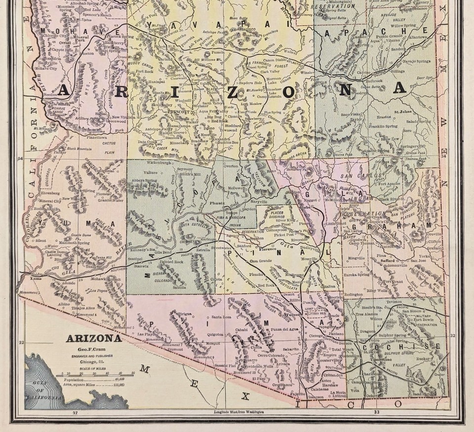 1887 ARIZONA TERRITORY Map ORIGINAL (12x9.5) RAILROADS - TUCSON - GRAND ...