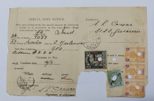 1922 Valletta Malta, Parcel Post Notice + Customs Duty Paid 16/3 ...