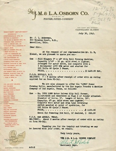 1945 Original Letterhead JM & LA OSBORN CO. Machinery Equipment Letter ...