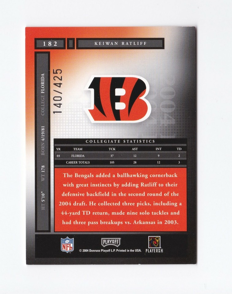 2004 Playoff Honors #182 Keiwan Ratliff RC /425 Cincinnati Bengals ...