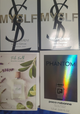 4 mens cologne samples: Rabanne Phantom, YSL Myslf, Ralph Lauren Polo ...