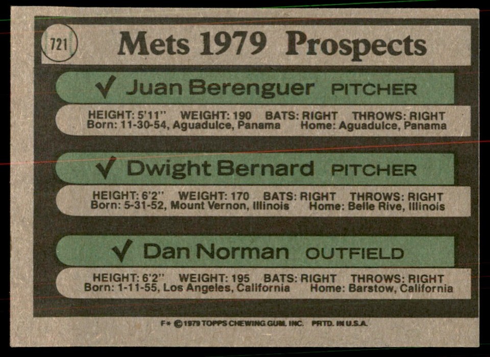 1979 Topps Juan Berenguer/Dwight Bernard/Dan Norman Baseball Cards #721 ...