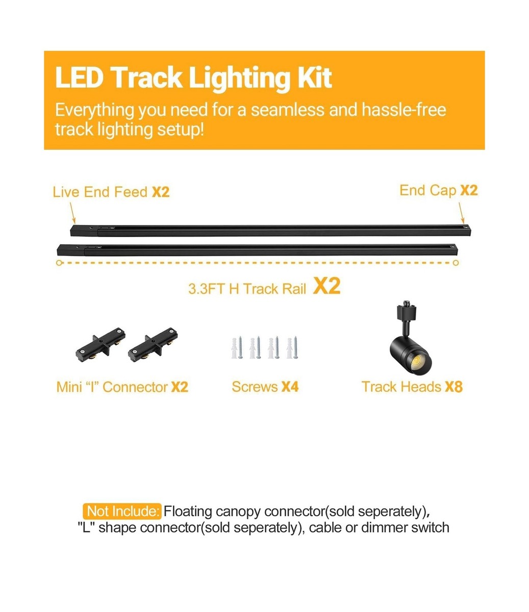 12W 3000K Black Track Lights 8-Light LED – 6.6ft H Rail, Zoomable 12W ...