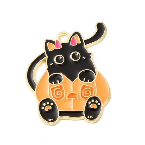 50x Light Gold Halloween Theme Alloy Enamel Pumpkin Cat Charm Pendants ...
