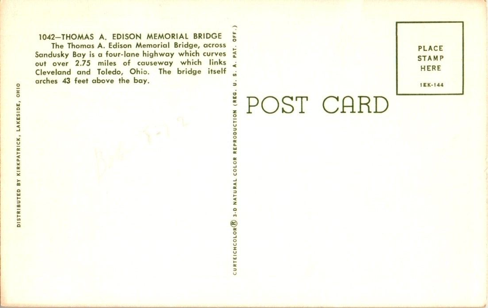 Unposted Post Card Thomas A Edison Memorial Bridge Sandusky Ohio | eBay