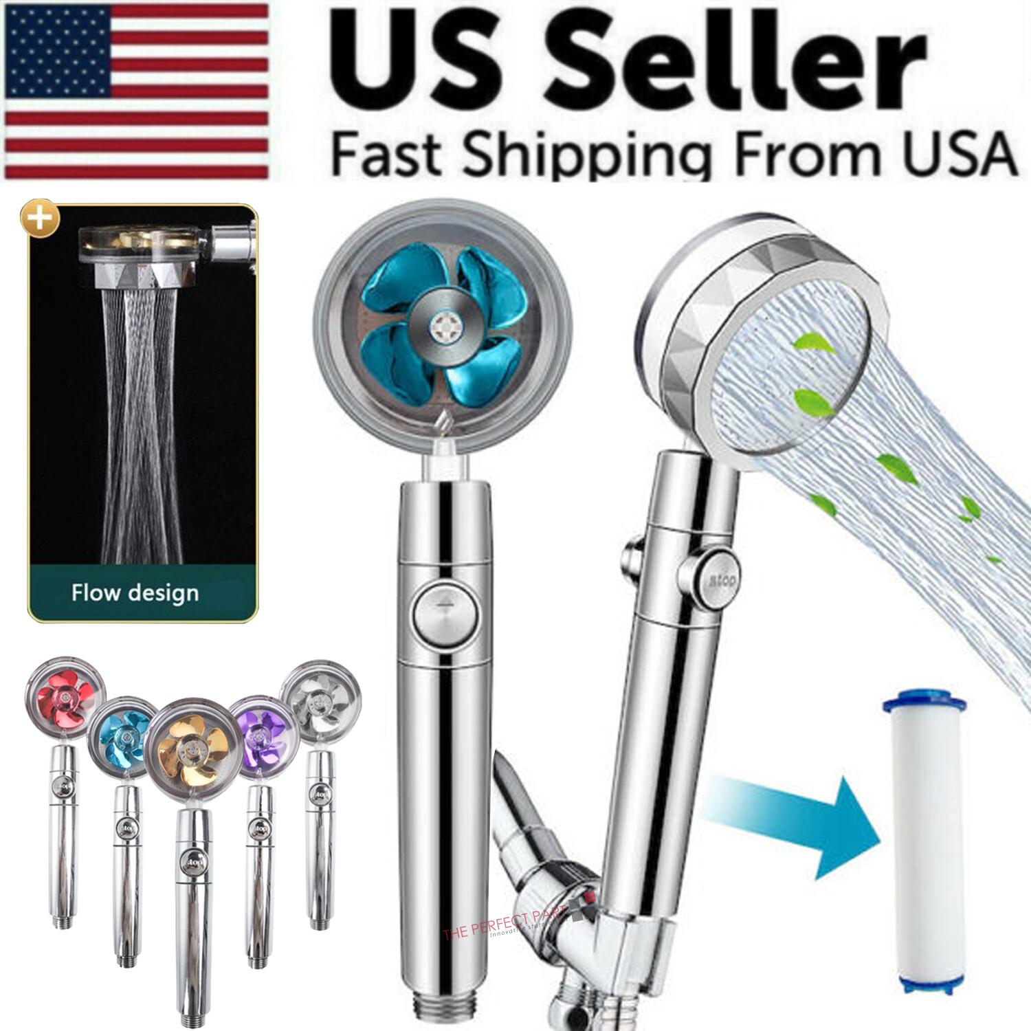 High Pressure Shower Head Adjustable 360° Rotation Turbine Water Saving ...