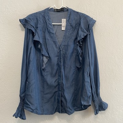 New York and Company Women's Ruffle Blouse Chambray Denim-Like Blue XL ...