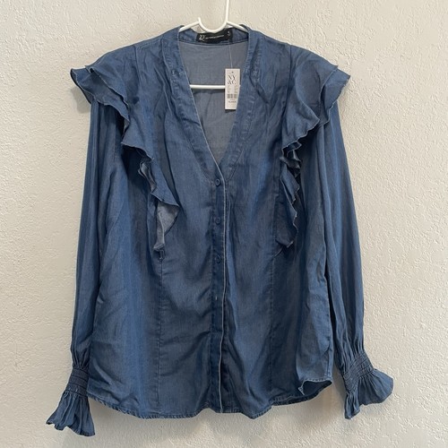 New York and Company Women's Ruffle Blouse Chambray Denim-Like Blue XL ...