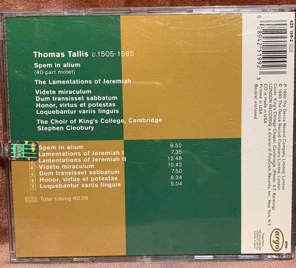 Tallis: Spem in alium The Lamentations CD Argo 425 199-2 28942519923| eBay
