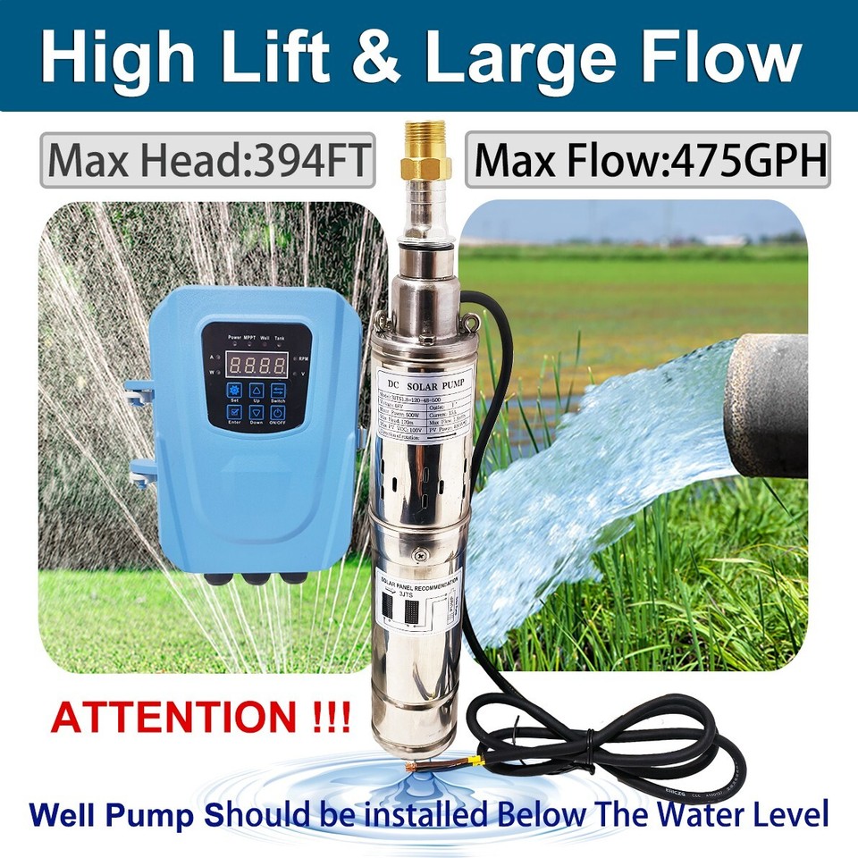 3" Solar Pump Submersible Pump Bore DC 48V 500W Deep Well Pump + MPPT ...