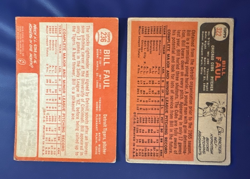 1964, 1966 TOPPS BILL FAUL (2) #’s 236, 322 TIGERS/ CUBS *FREE SHIPPING ...