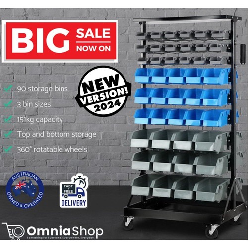 90 Bin Parts Storage Trolley Mobile Cart Rack Stand Double Shed Repair ...