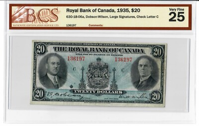 Canada 20 Dollars 1935 VF "C" Dobson-Wilson BCS Graded VF 25 Royal Bank | eBay