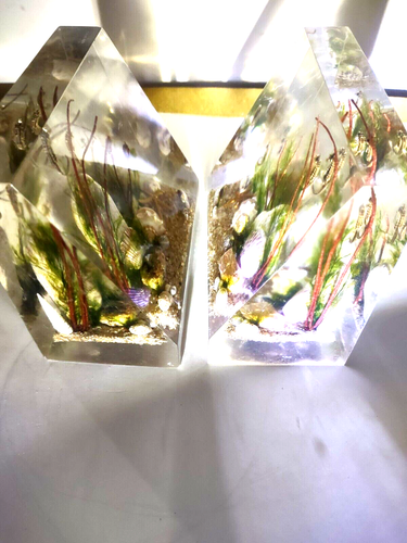 VINTAGE MID CENTURY CLEARFLOAT LUCITE SEASHELL OCEAN AQUARIUM BOOKENDS ...