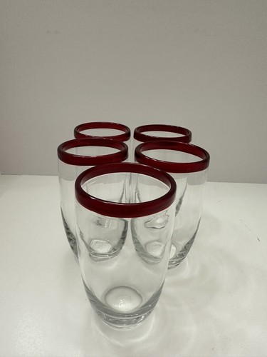 Hand Blown Mexican Drinking Glasses w/ Red Rims. Set Of 5 Approximately ...