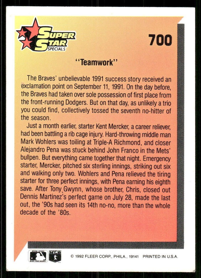 1992 Fleer #700b Teamwork (Mark Wohlers / Kent Mercker / Alejandro Pena ...