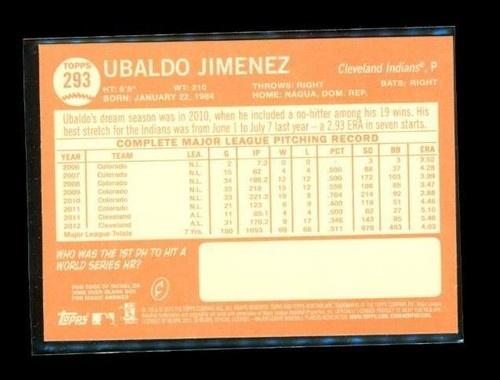 2013 TOPPS HERITAGE Baseball Trading Card #293 UBALDO JIMENEZ Cleveland ...