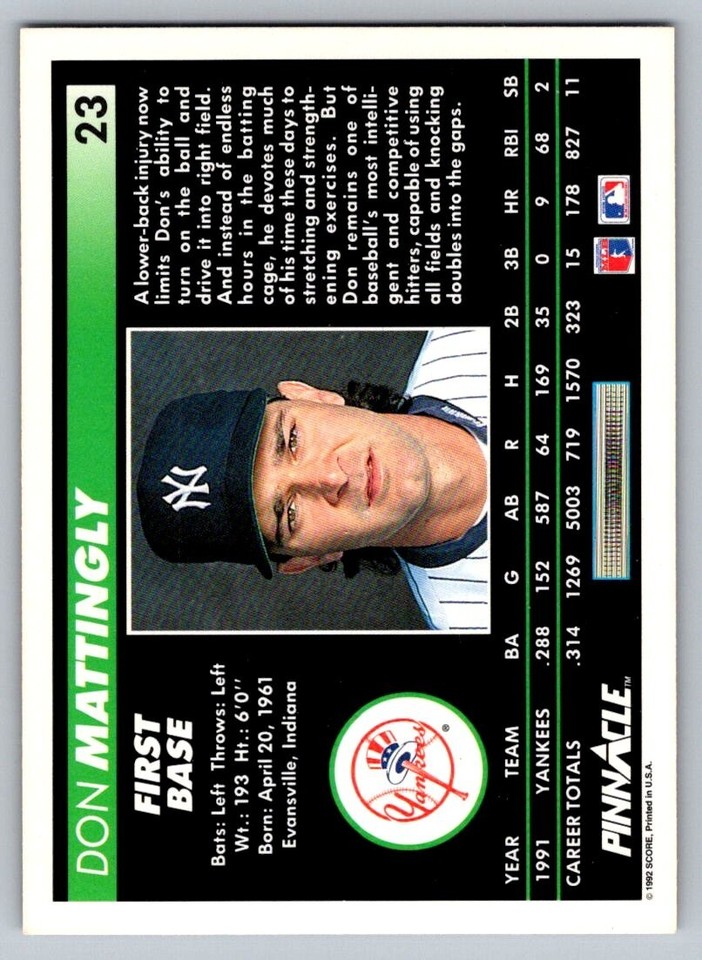 1992 Pinnacle - Don Mattingly #23 | eBay