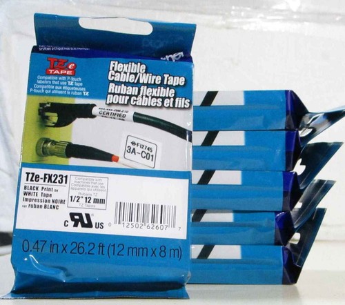 NEW Lot of 6 Brother TZeFX231 Flexible ID Tapes Black on White 1/2" x ...