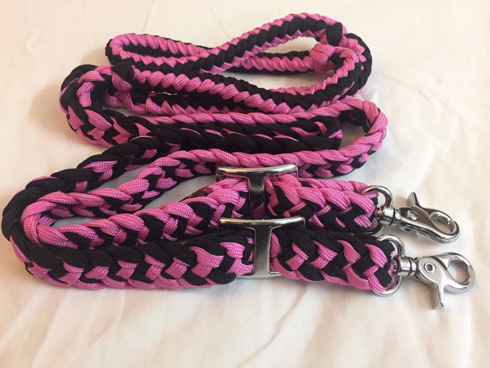 Western Set of 2 Nylon Braided and Knotted Roping Reins- Pink & Black ...