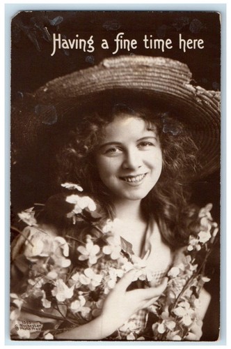 1915 Pretty Girl Curly Hair Big Hat Flowers Cleveland Ohio OH Antique ...