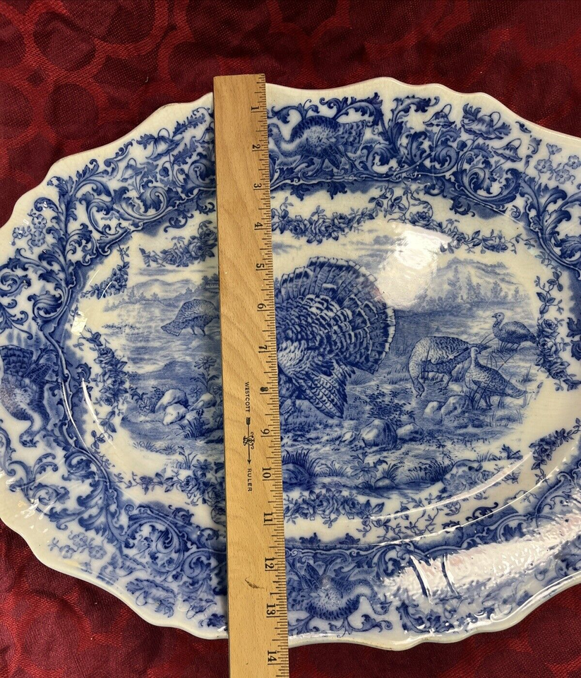 Rare Vintage Large 18 x 14" Flow Blue Oval Turkey Platter +11 Plates 9 ...