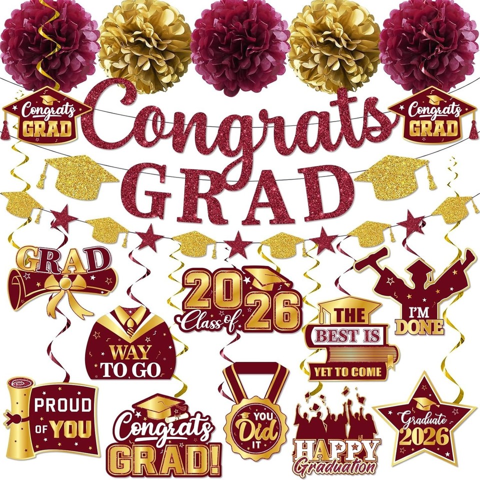 Maroon Graduation Decorations 2026, Glitter Congrats Grad Banner ...