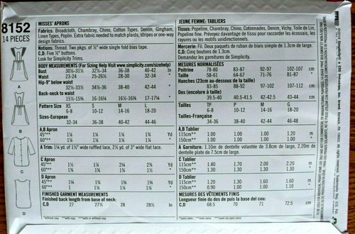 Simplicity Sewing Pattern Vintage 1970s Misses' Aprons 8152 a for sale ...
