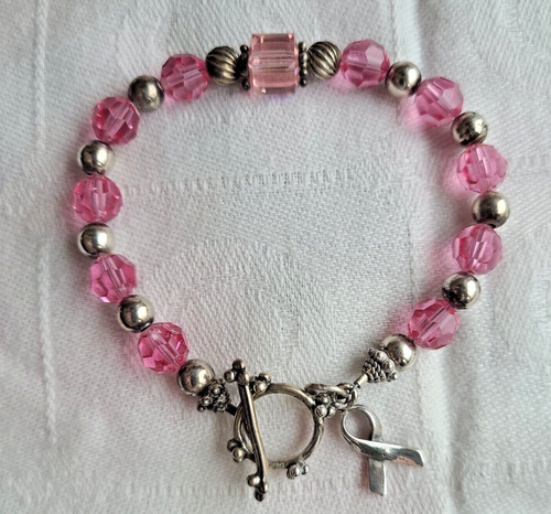 Sterling Silver 925 SJC Glass Beaded Bracelet Toggle Breast Cancer ...