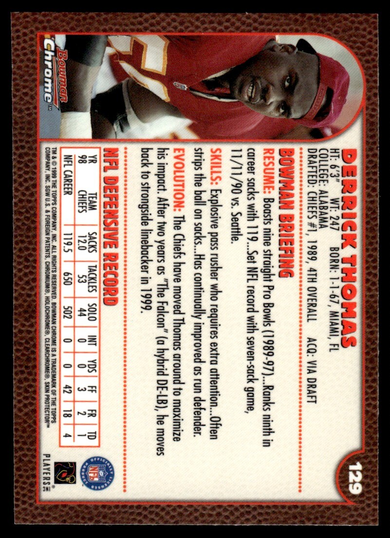 1999 Bowman Chrome Football Card Derrick Thomas Kansas City Chiefs #129 ...