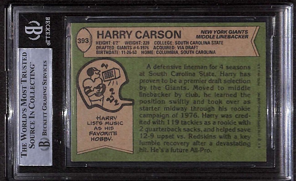 1978 Topps 393 Harry Carson HOF BGS Auto Autographed BAS Authentic ...