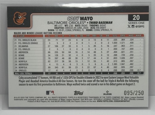 2025 TOPPS SERIES 1 COBY MAYO PURPLE FOIL /250 ROOKIE CARD RC #20 🔥 SP ...