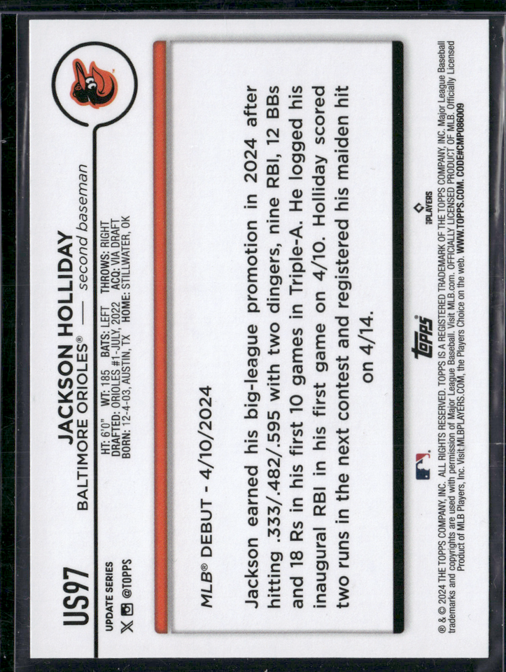 2024 Topps Update JACKSON HOLLIDAY RC #US97 Rookie Debut | eBay
