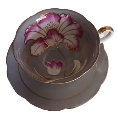 VINTAGE KASUGA WARE CHINA CUP SAUCER SET GRAY & PEARLESCENT LARGE PINK ...