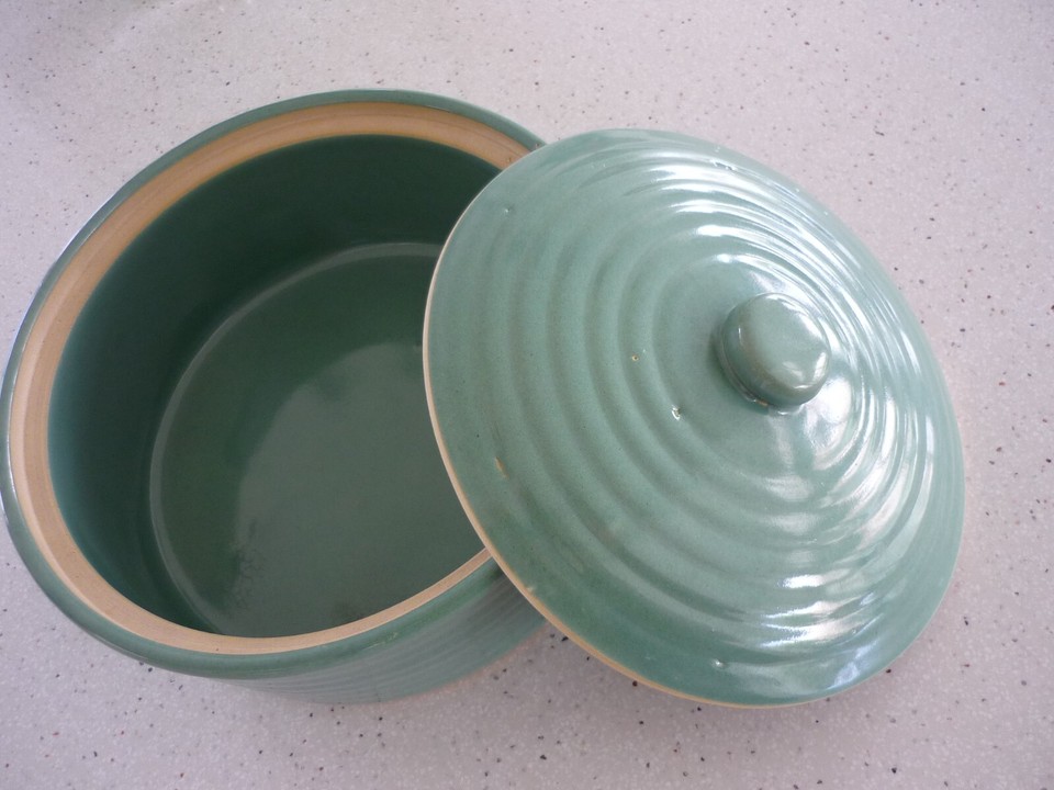 ANTIQUE RING WARE COVERED CASSEROLE POTTERY W/LID BAUER MC COY GREEN ...