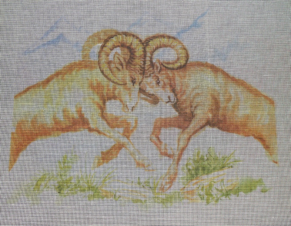 Vtg FIGHTING RAMS Printed Needlepoint Canvas 12ct 14" x 18" Mountains ...