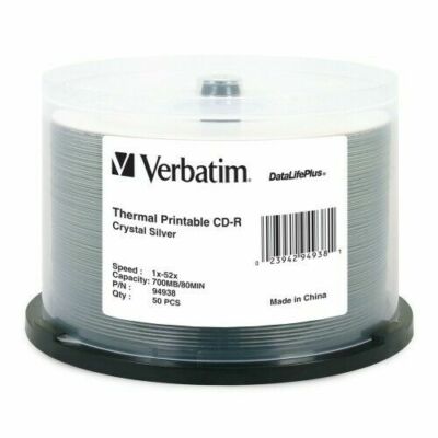 Verbatim 94938 Blank CD-R 50 Pack, Crystal Silver Thermal Printable ...