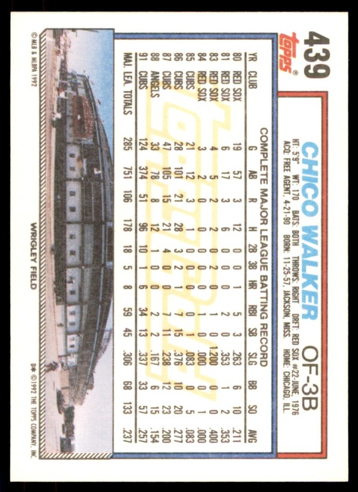 1992 Topps Gold Winners Chico Walker . Chicago Cubs #439 | eBay
