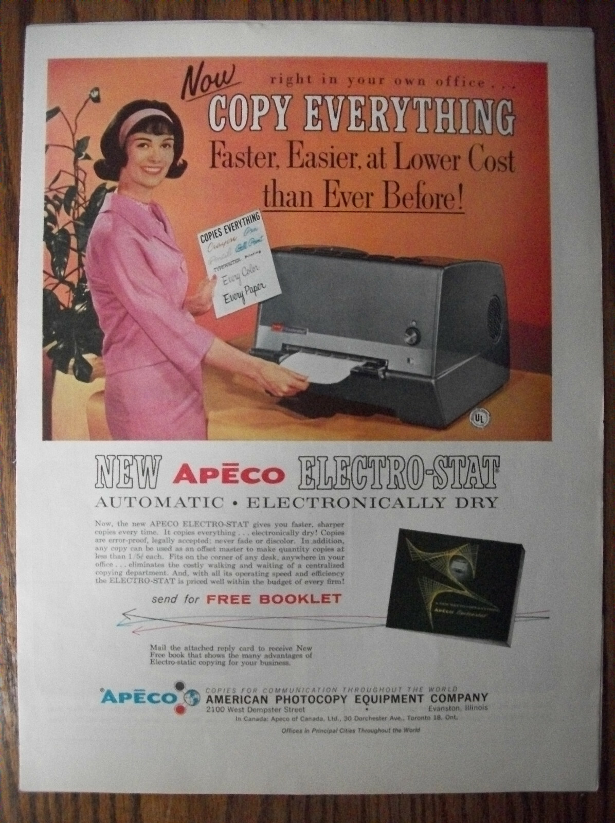 VTG 1963 Orig Magazine Ad Apeco Electro-Stat Copier Photocopy ...