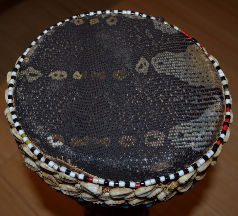 Vintage Kuba Tribe African Wood Ceremony Drum Cloth Cowrie Beads Congo ...
