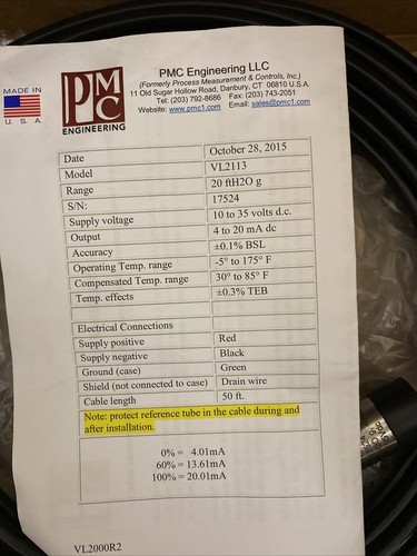 PMC Engineering VL2113 5psi 0.25% 50’ Submersible Wastewater Level ...
