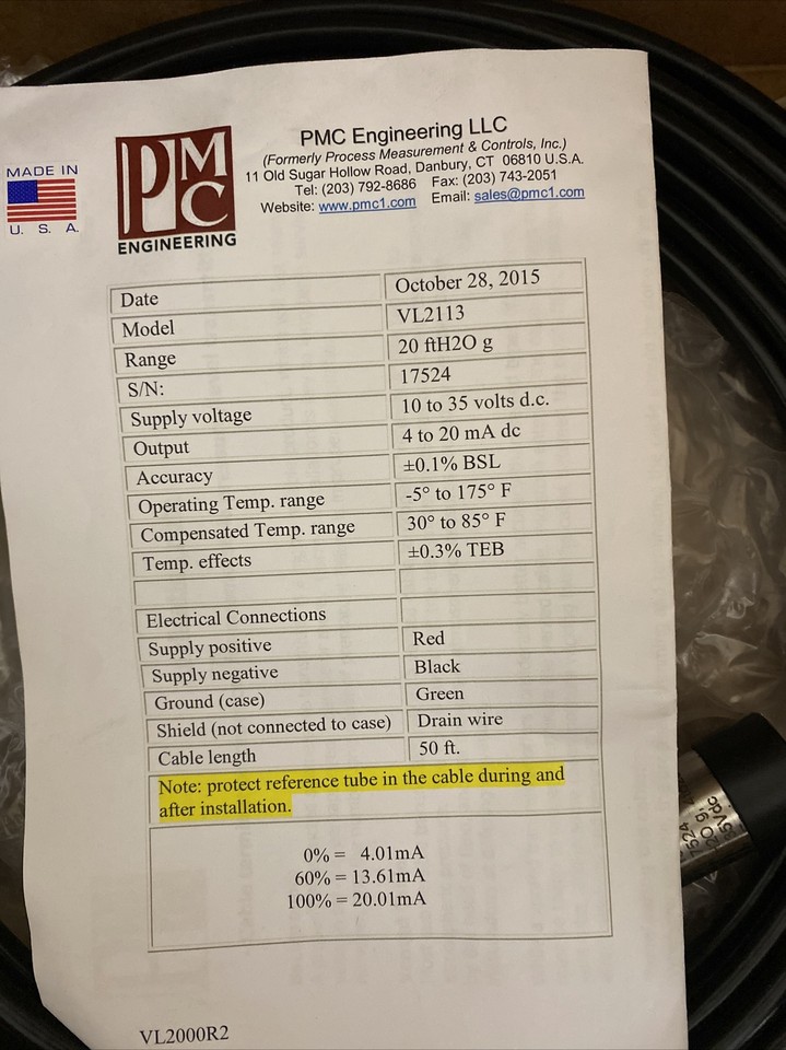 PMC Engineering VL2113 5psi 0.25% 50’ Submersible Wastewater Level ...