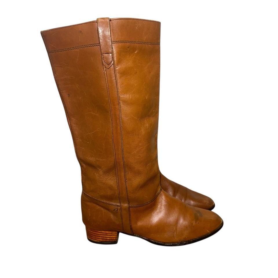 Vintage Riding Boots Women’s SZ 10B Brown Leather Mid Calf Heeled Disco ...